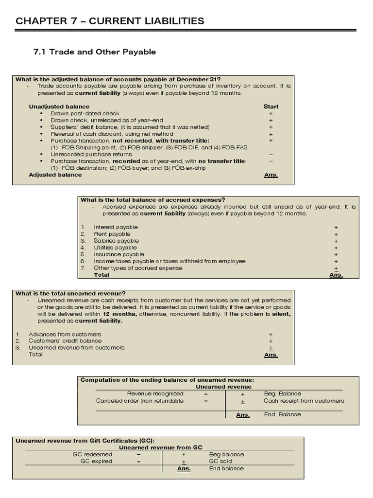 Chapter 7 Current Liabilities: 7.1 Trade and Other Payable | PDF | Debits And Credits | Refinancing