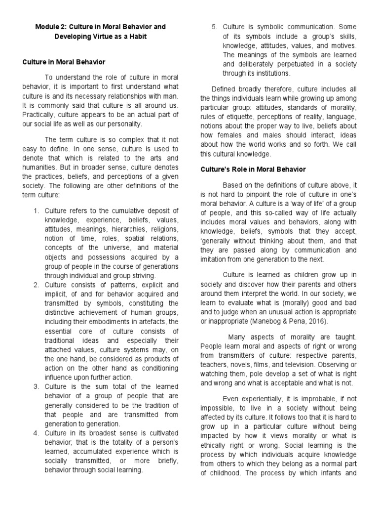 Module 2: Culture in Moral Behavior and Developing Virtue As A Habit | PDF | Morality | Relativism