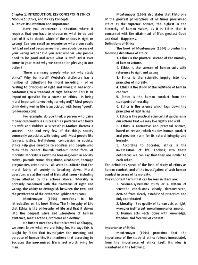 Chapter 1: Introduction: Key Concepts in Ethics Module 1: Ethics, and Its Key Concepts A. Ethics ...