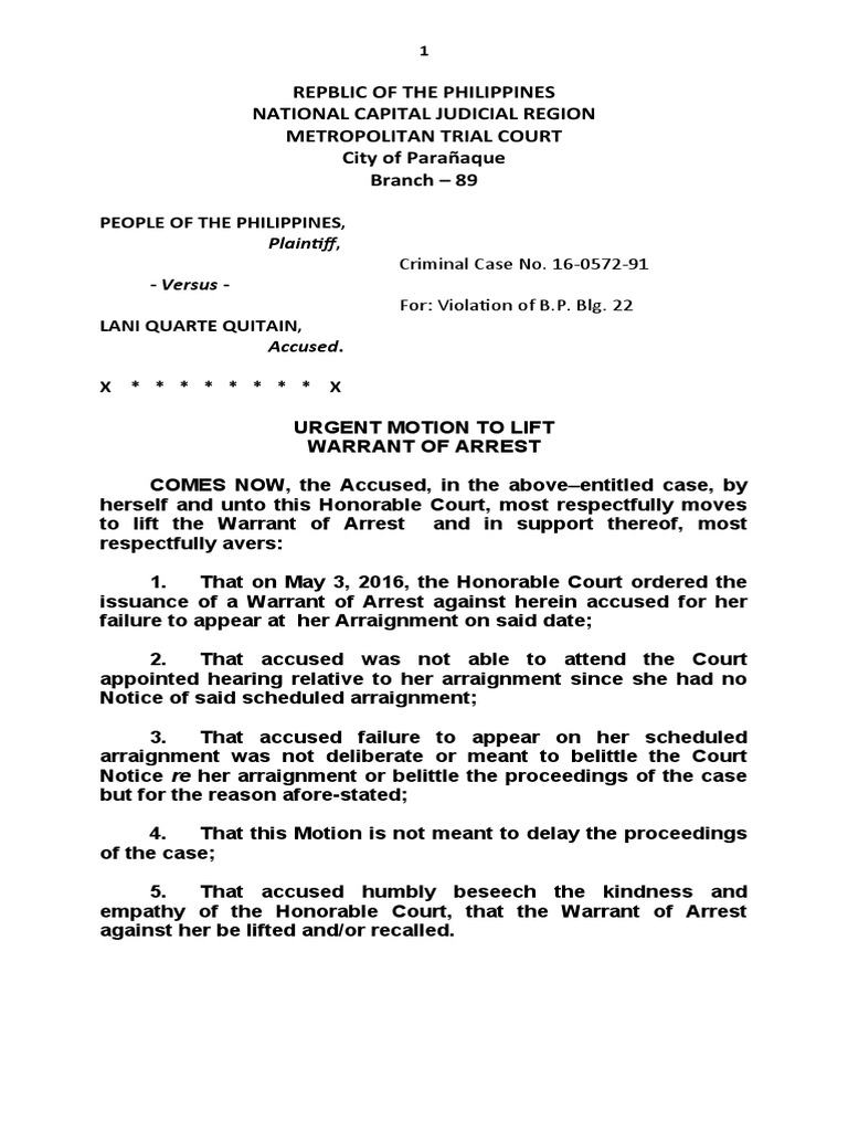 Motion To Lift Warrant | PDF | Arraignment | Arrest