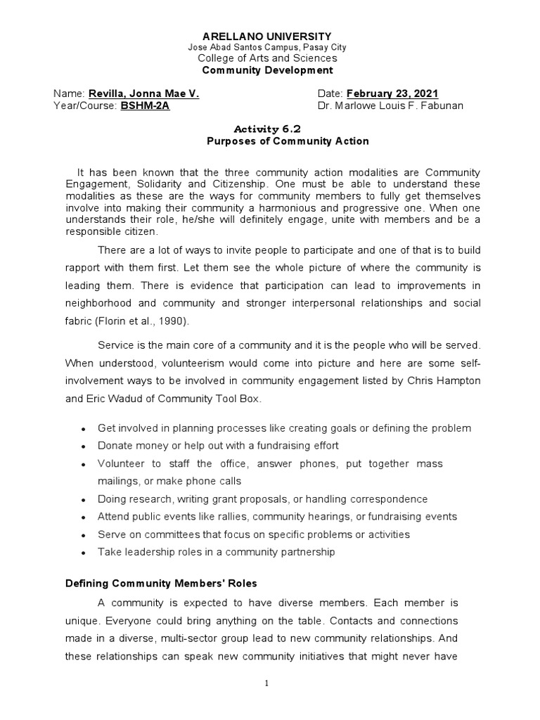 Activity 6.2-Purposes of Community Action | PDF | Community | Goal
