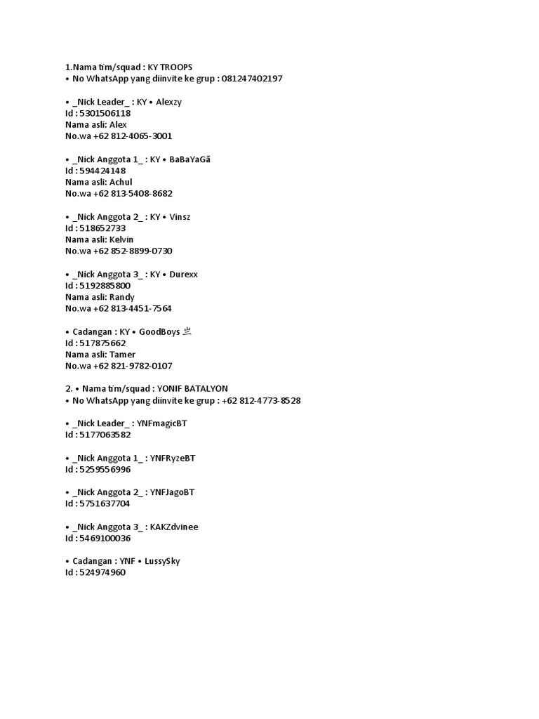 Daftar Nama Tim | PDF