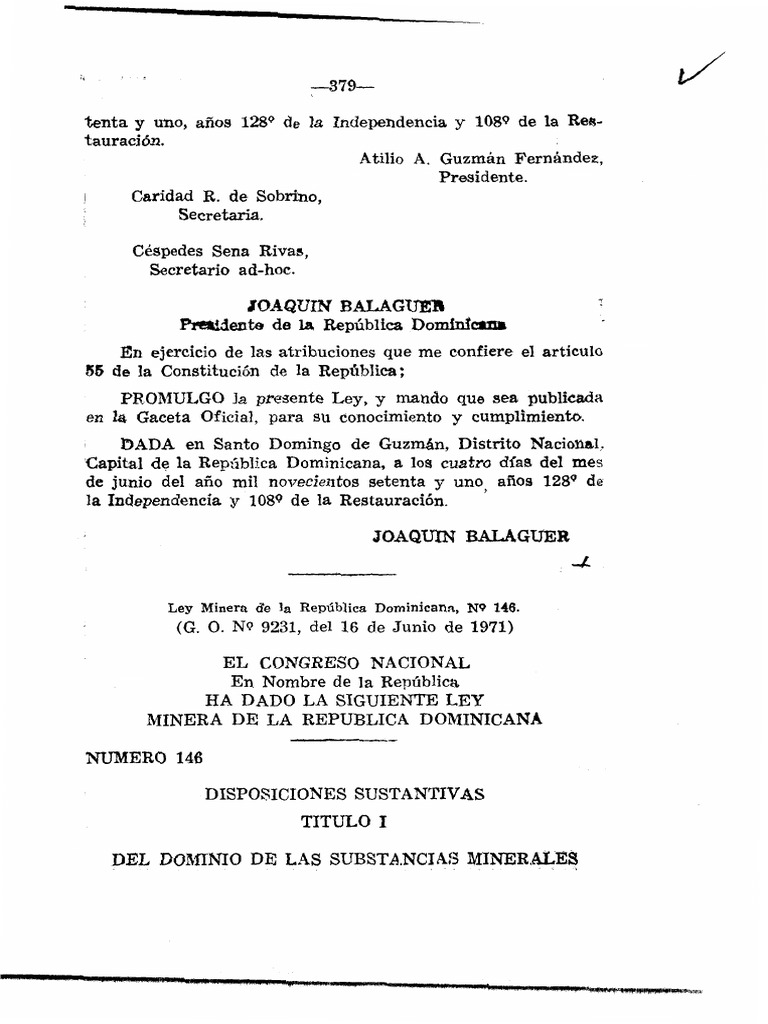 Ley 146 71 Ley Minera de La República Dominicana | PDF | Minería | Política