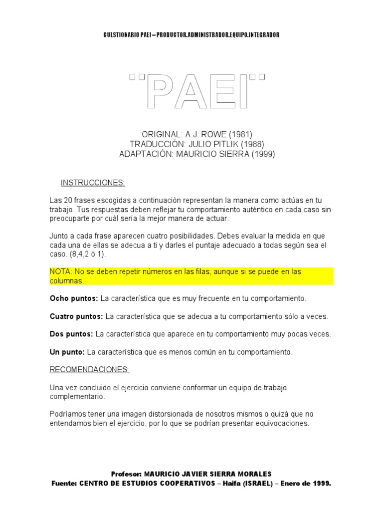 Cuestionario Paei-Metodologia | PDF | Sicología