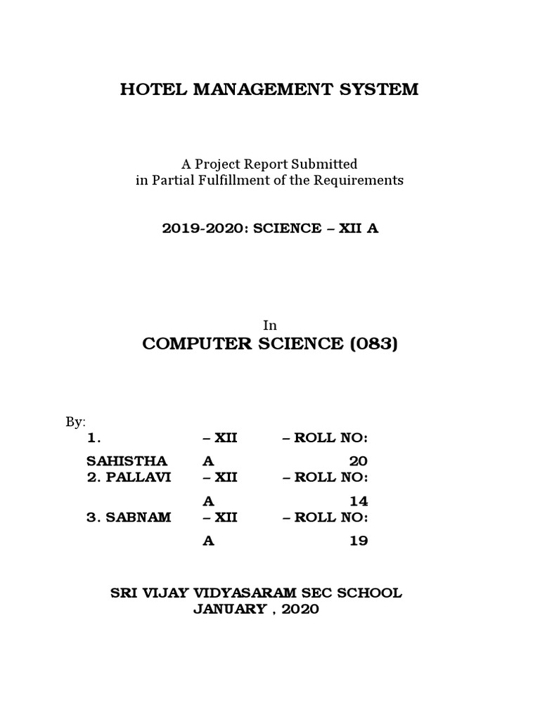 PROJECT Hotel Management Report | Download Free PDF | Computing | Software