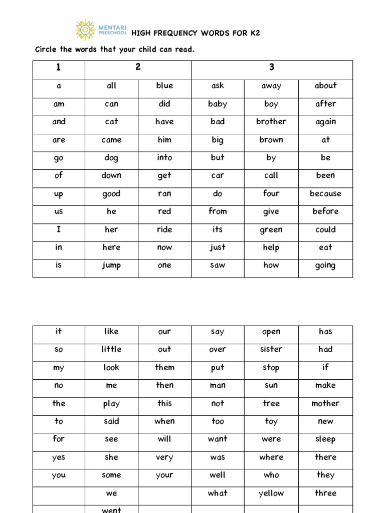 K2 High Frequency Words List | PDF