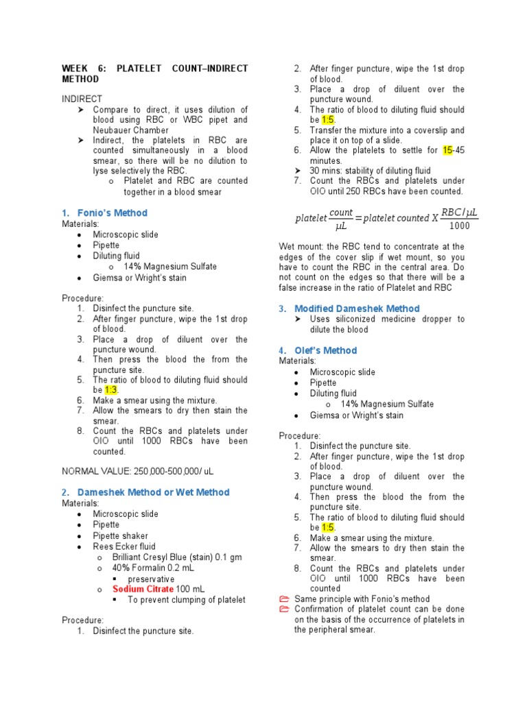 Week 6 Platelet Count-Indirect Method | PDF | Staining | Platelet