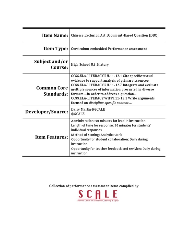 Chinese Exclusion Act DBQ | PDF | Essays | Educational Assessment