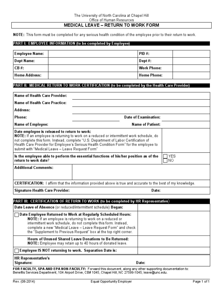 Medical Leave - Return To Work Form: PART I: EMPLOYEE INFORMATION (To ...