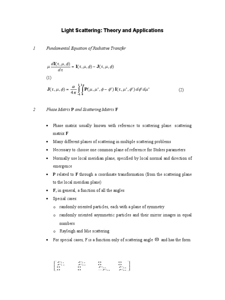 Light Scattering: Theory and Applications: 1 Fundamental Equation of ...