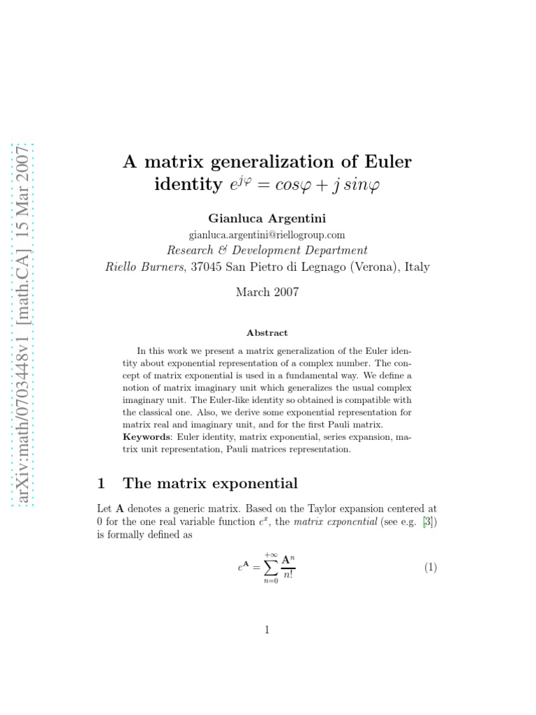 A matrix generalization of Euler identity e = cosϕ + j sinϕ | PDF ...