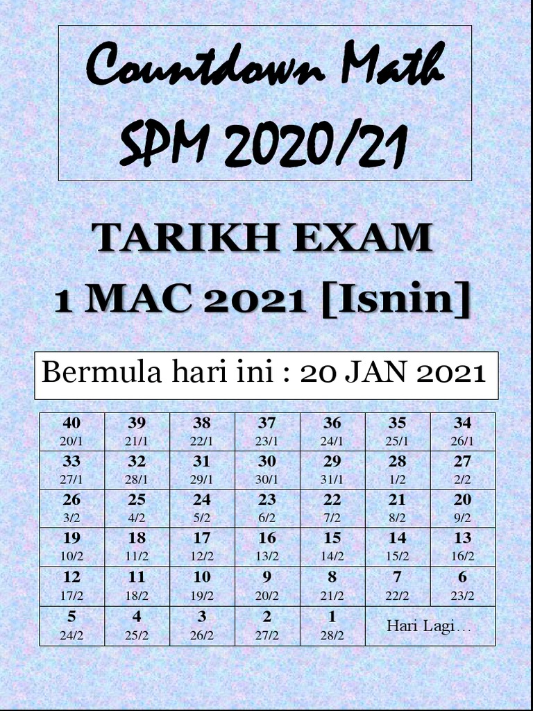 Countdown Math SPM 2020/21: Tarikh Exam 1 MAC 2021 (Isnin) | PDF