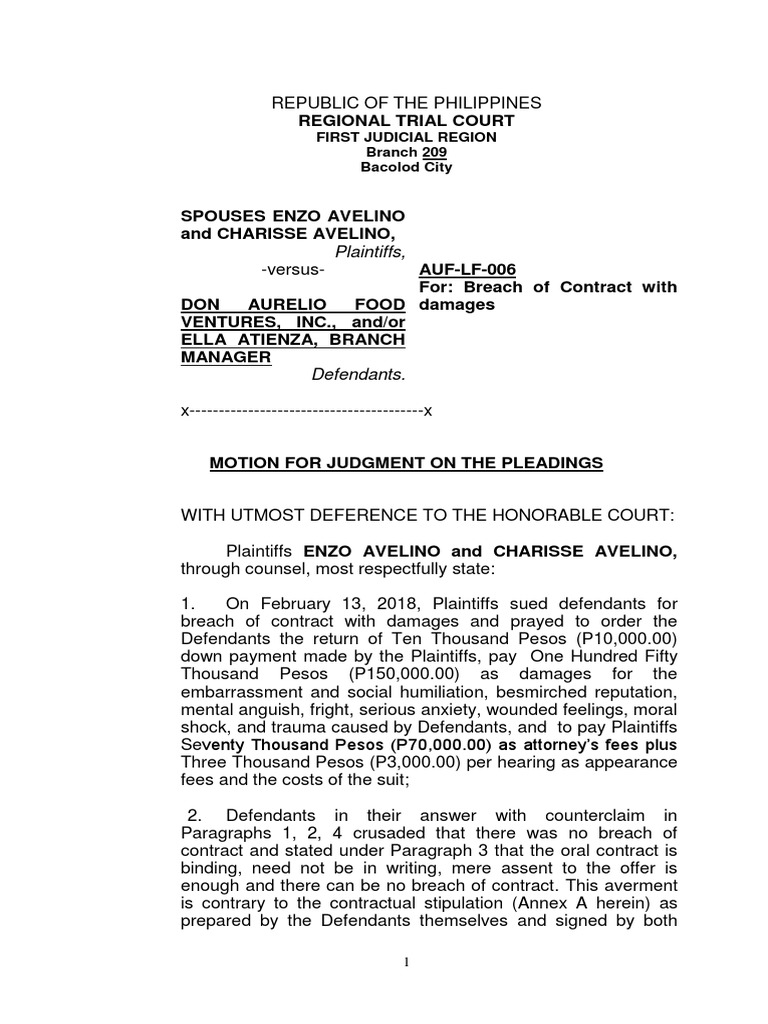 Motion-For-Judgment-On-The-Pleadings (Final) | PDF | Breach Of Contract ...