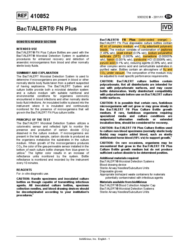 Package Insert - BacTAlert FN Plus - 410852 | PDF | Growth Medium ...