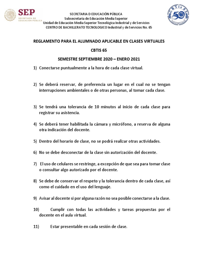 Reglamento para Clases Virtuales Cbtis 65 | PDF | Escuelas
