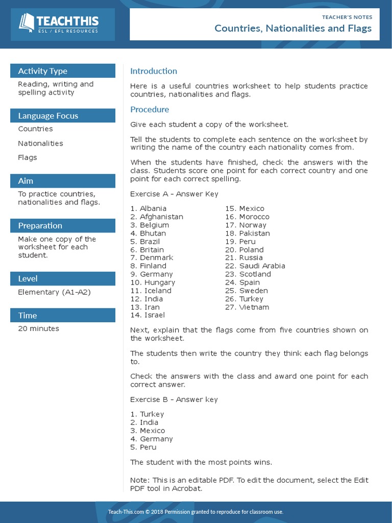Countries Nationalities and Flags Worksheet | PDF | English As A Second ...