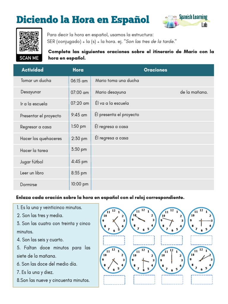 Telling Time in Spanish PDF Worksheet La Hora en Español Ejercicios ...