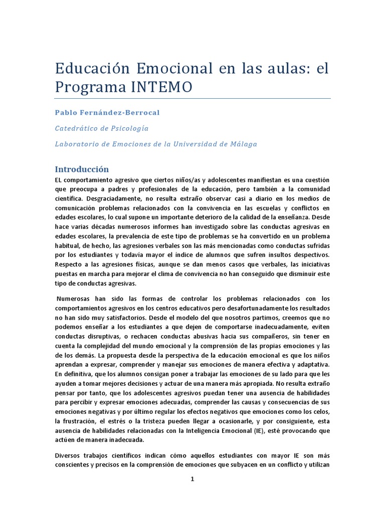 Educación Emocional en Aulas: Programa INTEMO | PDF | Las emociones ...