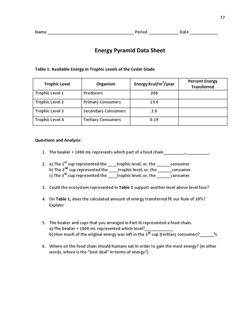 Energy Pyramid Data Sheet: Table 1: Available Energy in Trophic Levels ...