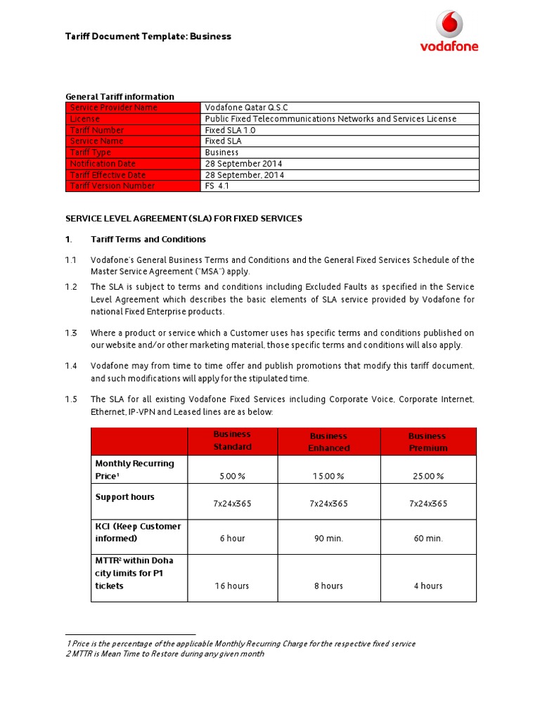 Tariff Document Template: Business | PDF | Service Level Agreement ...
