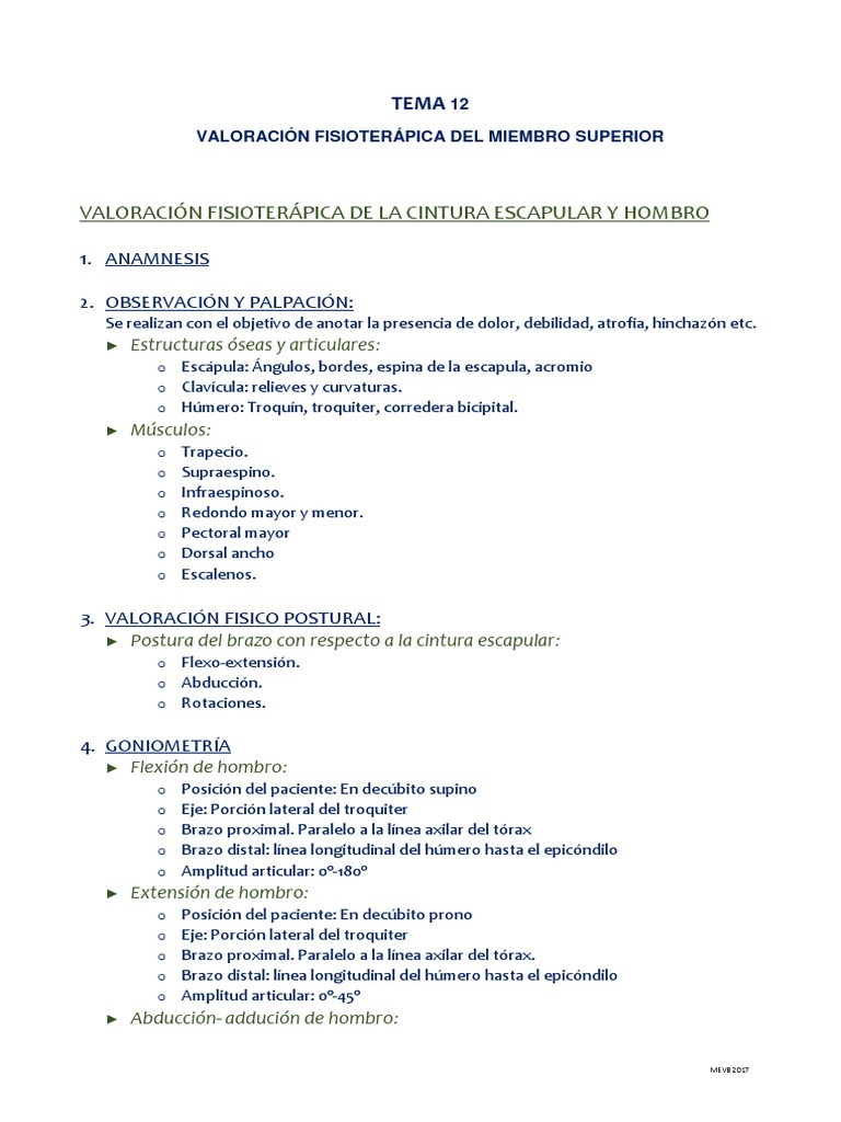 Tema 12. Valoración Fisoterápica Miembro Superior | PDF | Hombro | Codo