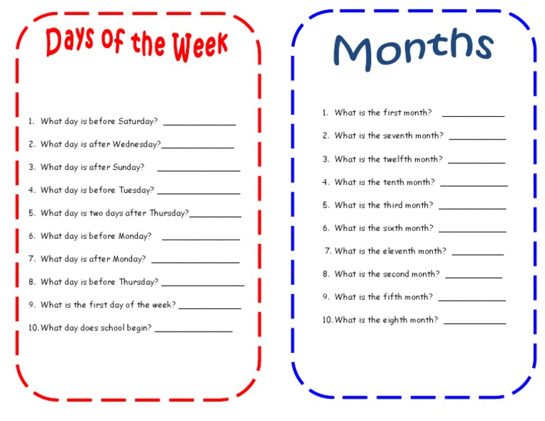 Calendar and Days of the Week Quiz | PDF