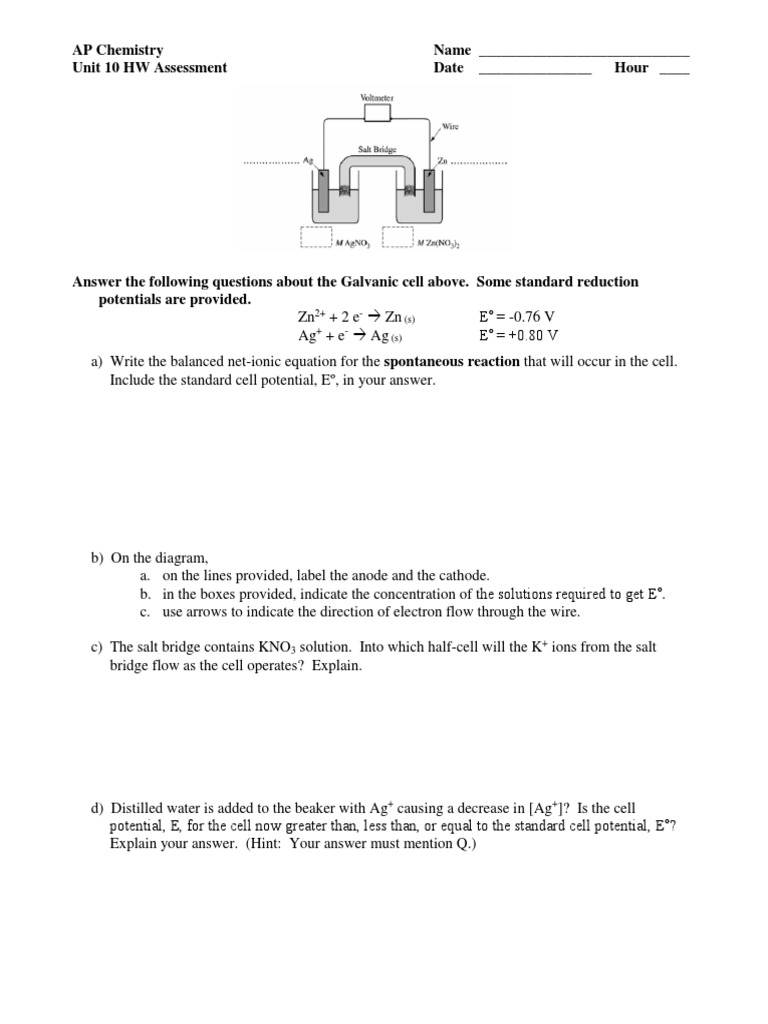 AP Chemistry Name - Unit 10 HW Assessment Date - Hour | PDF