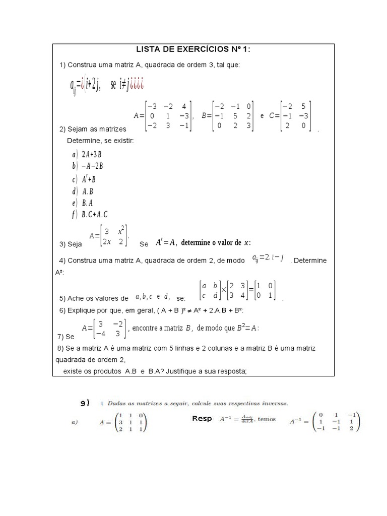 LISTA DE EXERCÍCIOS Matrizes | PDF | Objetos matemáticos | Álgebra linear