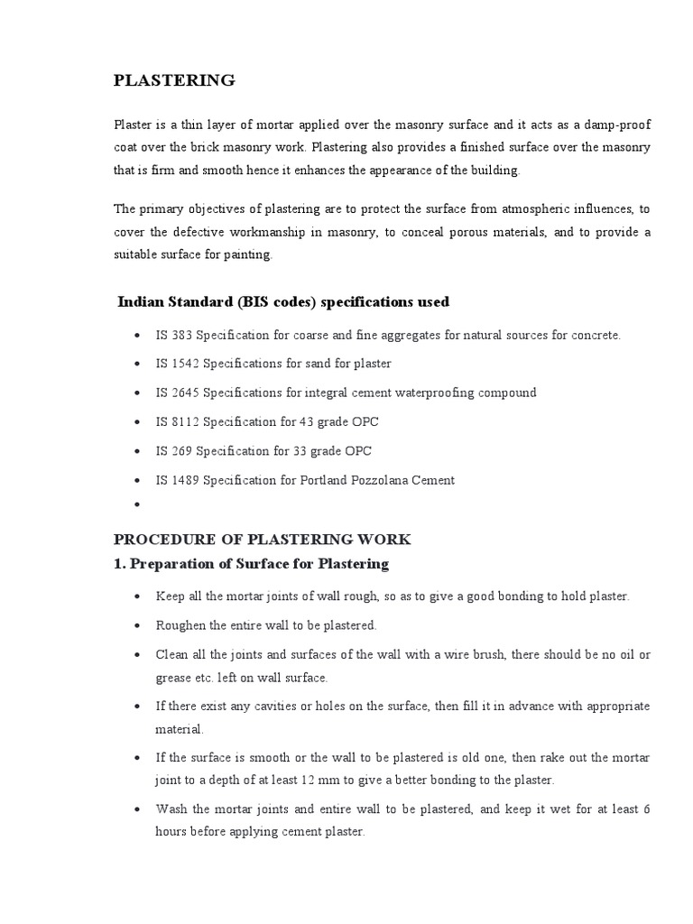 Plastering: Indian Standard (BIS Codes) Specifications Used | Download ...