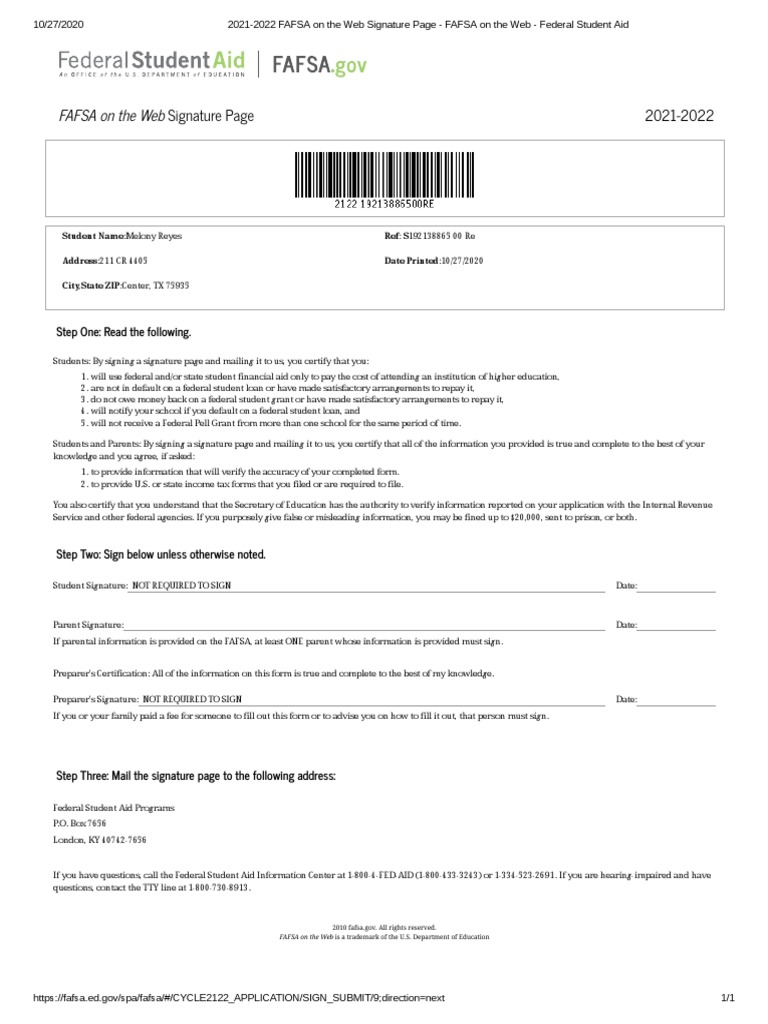 2021-2022 FAFSA On The Web Signature Page - FAFSA On The Web - Federal ...
