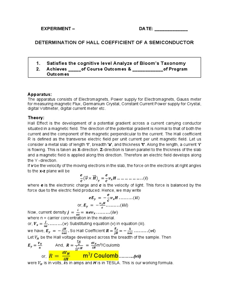 Determination of Hall Coefficient of A Semiconductor: Experiment - DATE ...