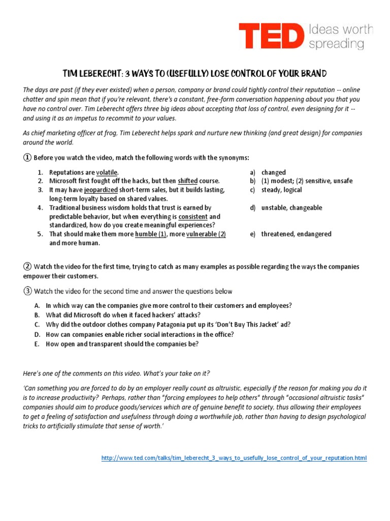 Movie Worksheet TED - 3 Ways To Lose Control of Your Brand | PDF ...
