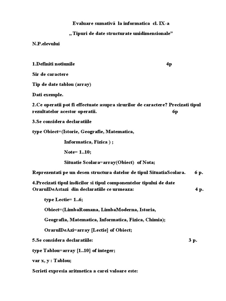 Evaluare Inf CL 9 Date Structurate Unidimensional | PDF