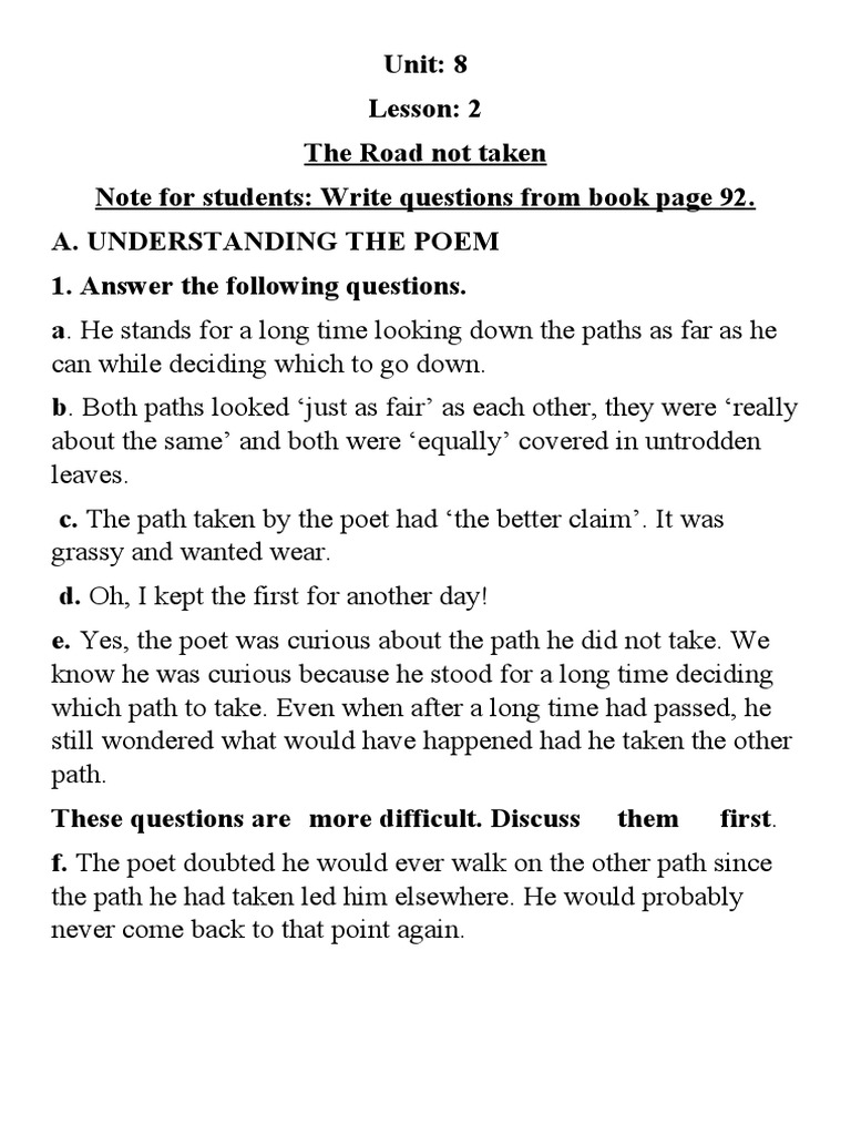 The Road Not Taken Lesson Notes | PDF