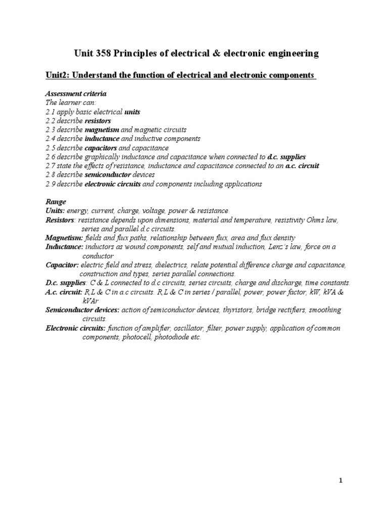 Unit 358 Unit 2 The Function of Electrical and Electronic Comp | PDF ...