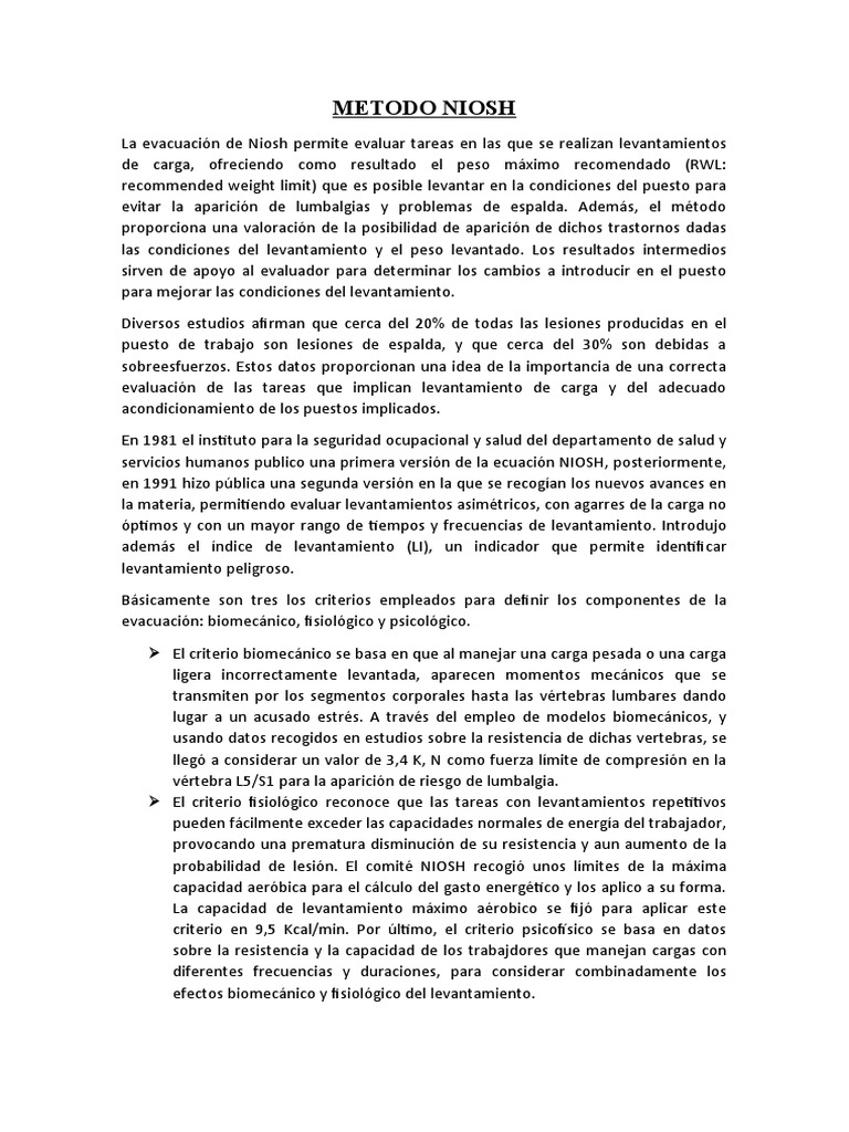 Metodo Niosh | PDF | Dolor lumbar | Salud y bienestar
