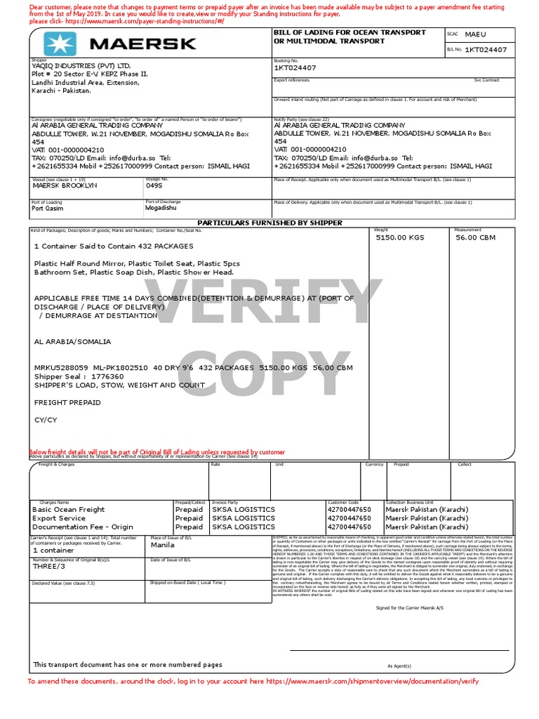 Verify Copy: Bill of Lading For Ocean Transport or Multimodal Transport ...