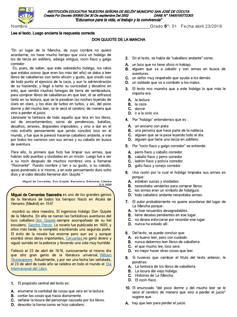 El Quijote Evaluacion | PDF | Don Quijote | Miguel De Cervantes