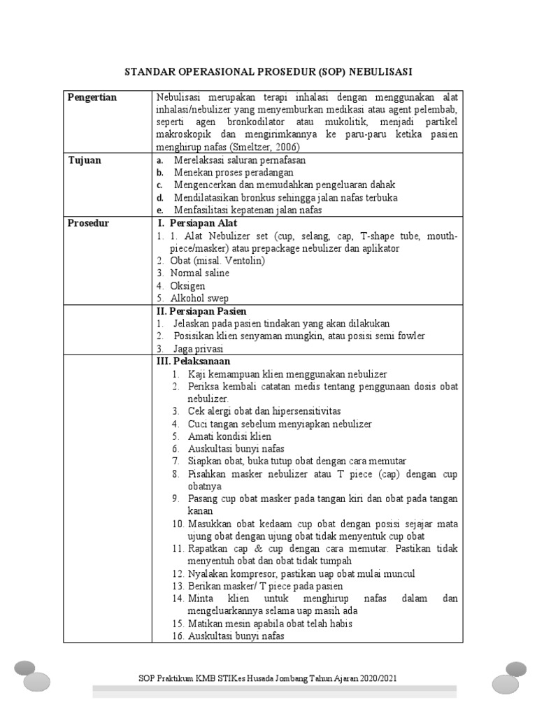 SOP Nebulisasi, Fisioterapi Dada, Suction, Pre Intra Dan Post PX ...