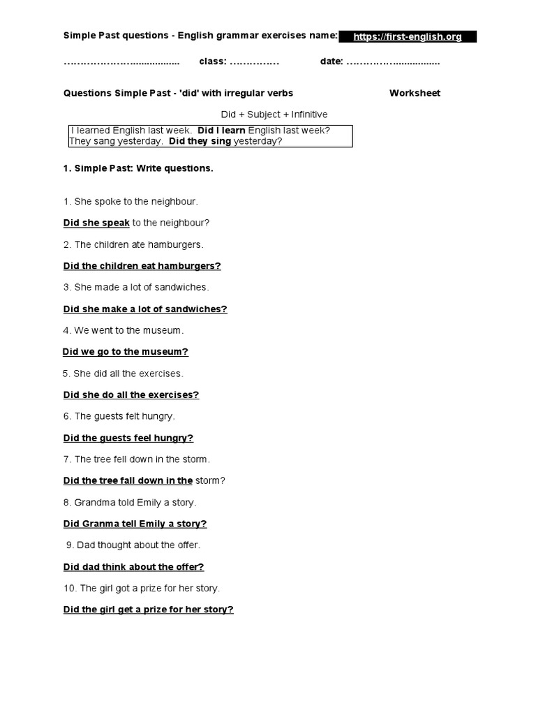 Simple Past Questions Worksheet | PDF
