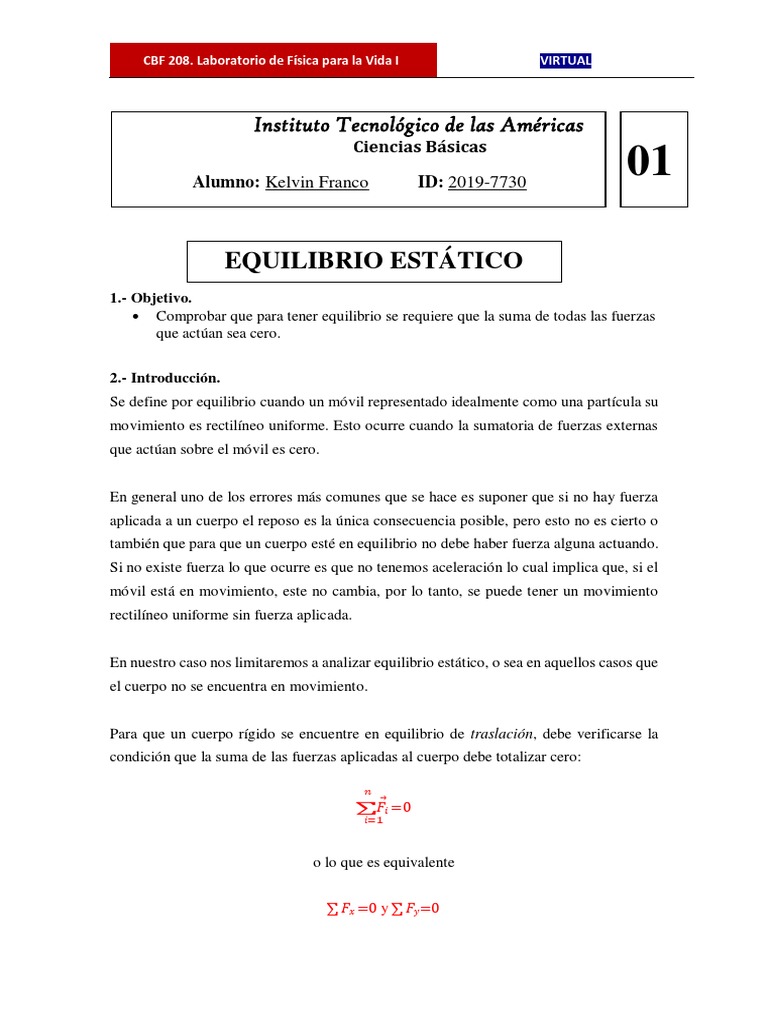 Practica No 1 Equilibrio Estatico HHH | Descargar gratis PDF | Fuerza | Masa