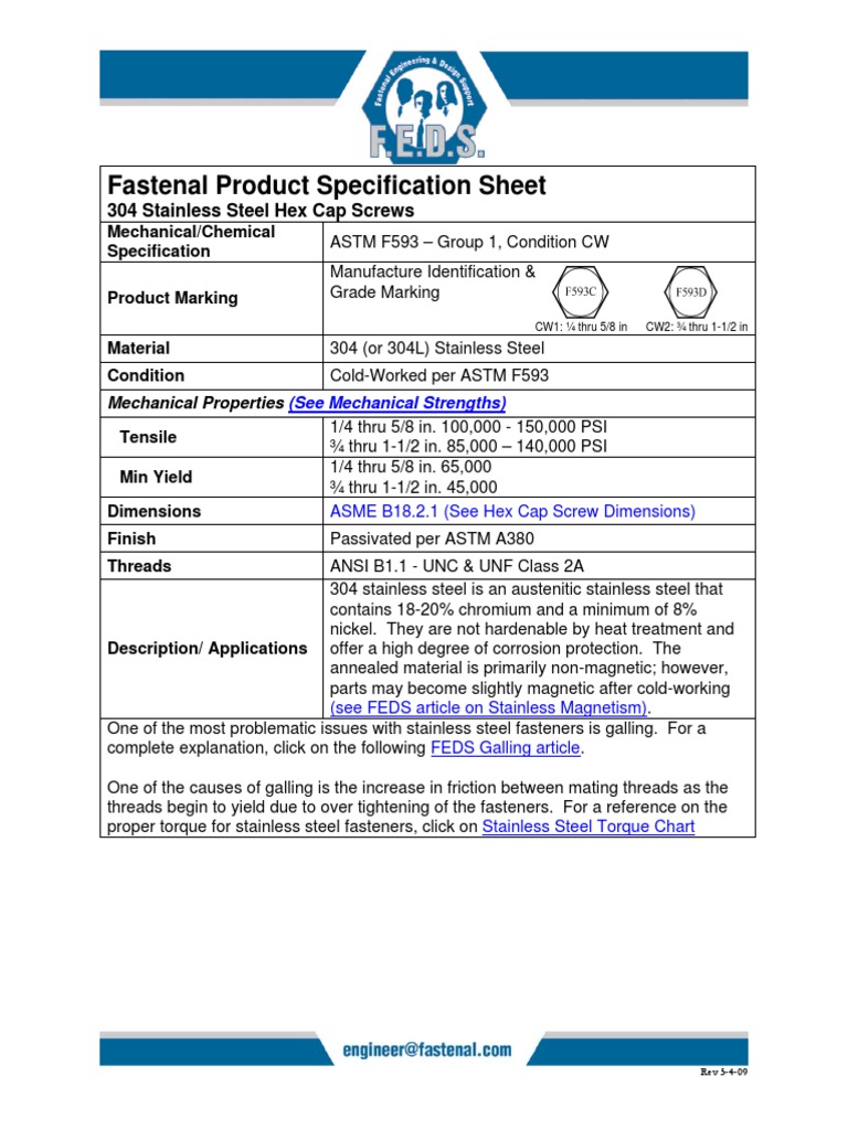 Fastenal Product Specification Sheet: 304 Stainless Steel Hex Cap ...