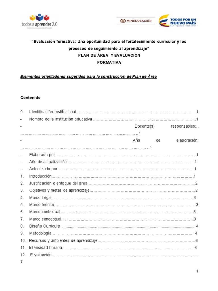 Elementos Para Diseñar Un Plan De Area Pdf Evaluación Aprendizaje