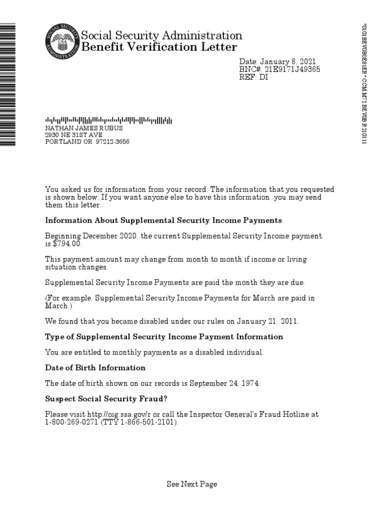 Benefit Verification Letter: Social Security Administration | PDF ...
