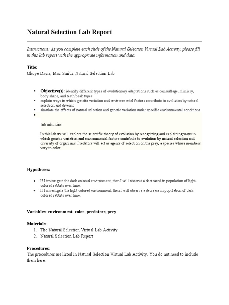 Natural Selection Lab Report | PDF | Natural Selection | Predation