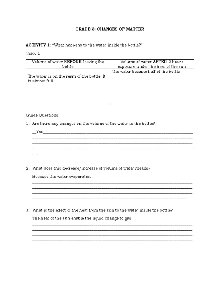 Grade 3 Matter Changes Activities | PDF | Water | Physics