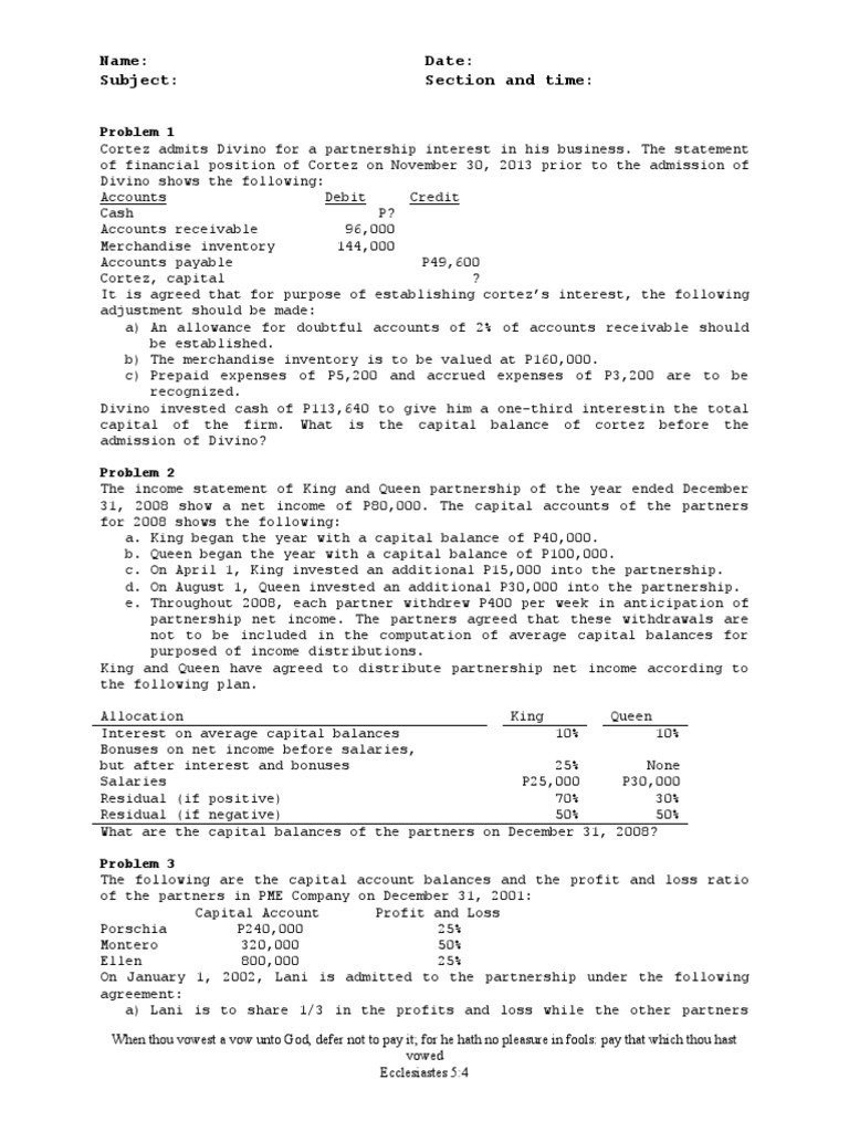 Name: Date: Subject: Section and Time:: Problem 1 | PDF | Financial ...