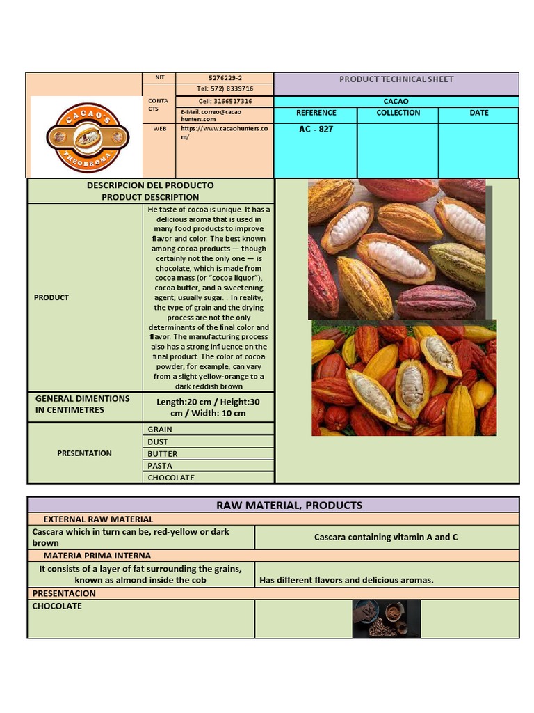 Modelo de Ficha Tecnica Del Cacao | PDF | Chocolate | Cuisine Modelo de Ficha Tecnica Del Cacao | PDF | Chocolate | Cuisine