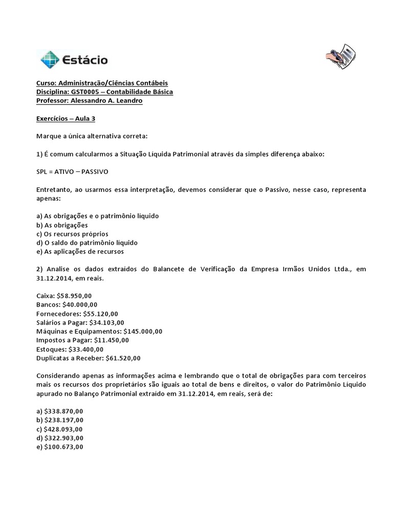 Material Complementar Aula03 Exercício | PDF | Balancete | Contabilidade