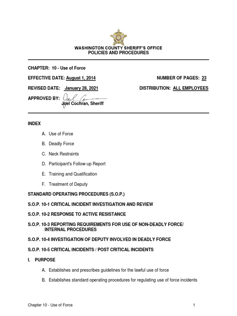Washington County Sheriff's Office (Georgia) New Use-Of-Force Policy ...